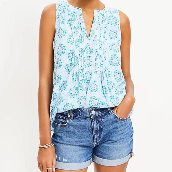 LOFT | Tops | Loft Small Petite Floral Pintucked Button Split Neck Shell Paisley Blue Pattern ...